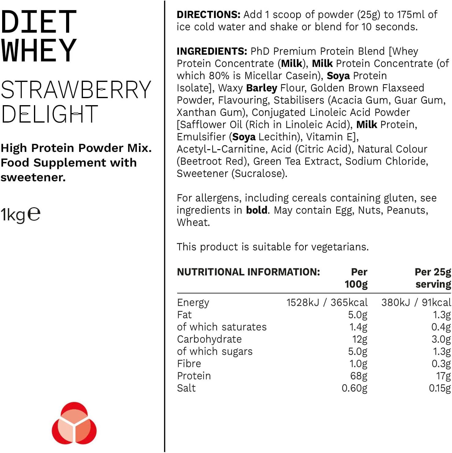 PhD Nutrition Diet Whey Strawberry Delight Protein Powder 1kg - Low ...