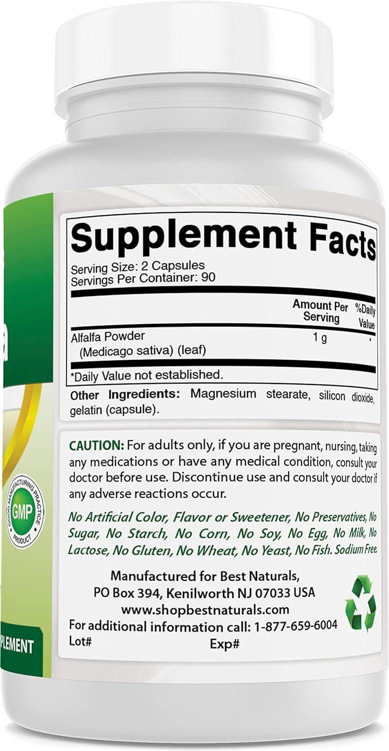 Best Naturals Alfalfa Green Super Food 500 mg 180 Capsules (180 Count ...