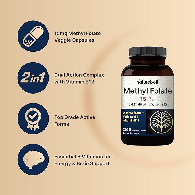 NatureBell L Methylfolate 15mg 240 Veggie Capsules | High Potency 5-MTHF & Methyl B12 for Energy ...