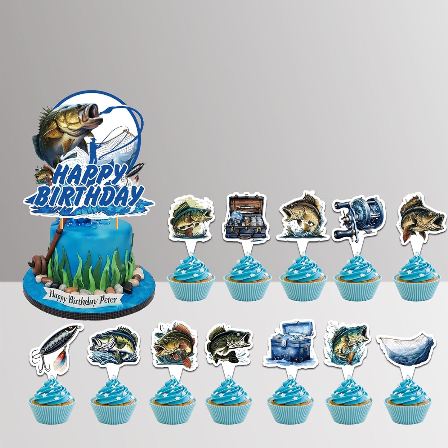 25 Pcs Fishing Cake Decorations Gone Fishing Cake Topper Cupcake ...