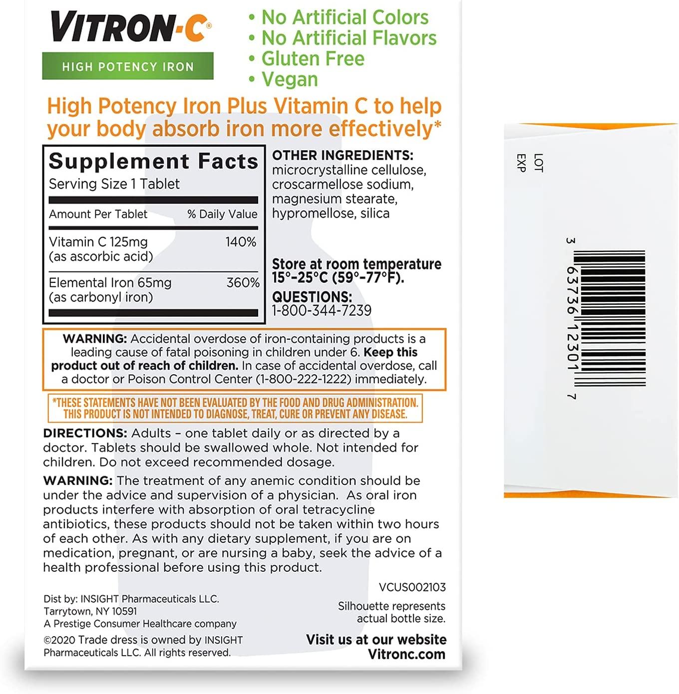 Vitron-C High Potency Iron Supplement with Vitamin C - 60 Capsules for ...