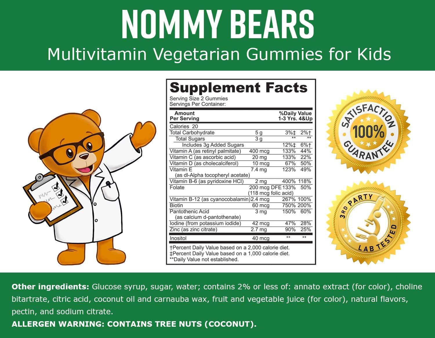 Nommy Bears Multivitamin Gelatin-Free Gummies for Kids - 3 Delicious Flavors, 11 Essentials ...