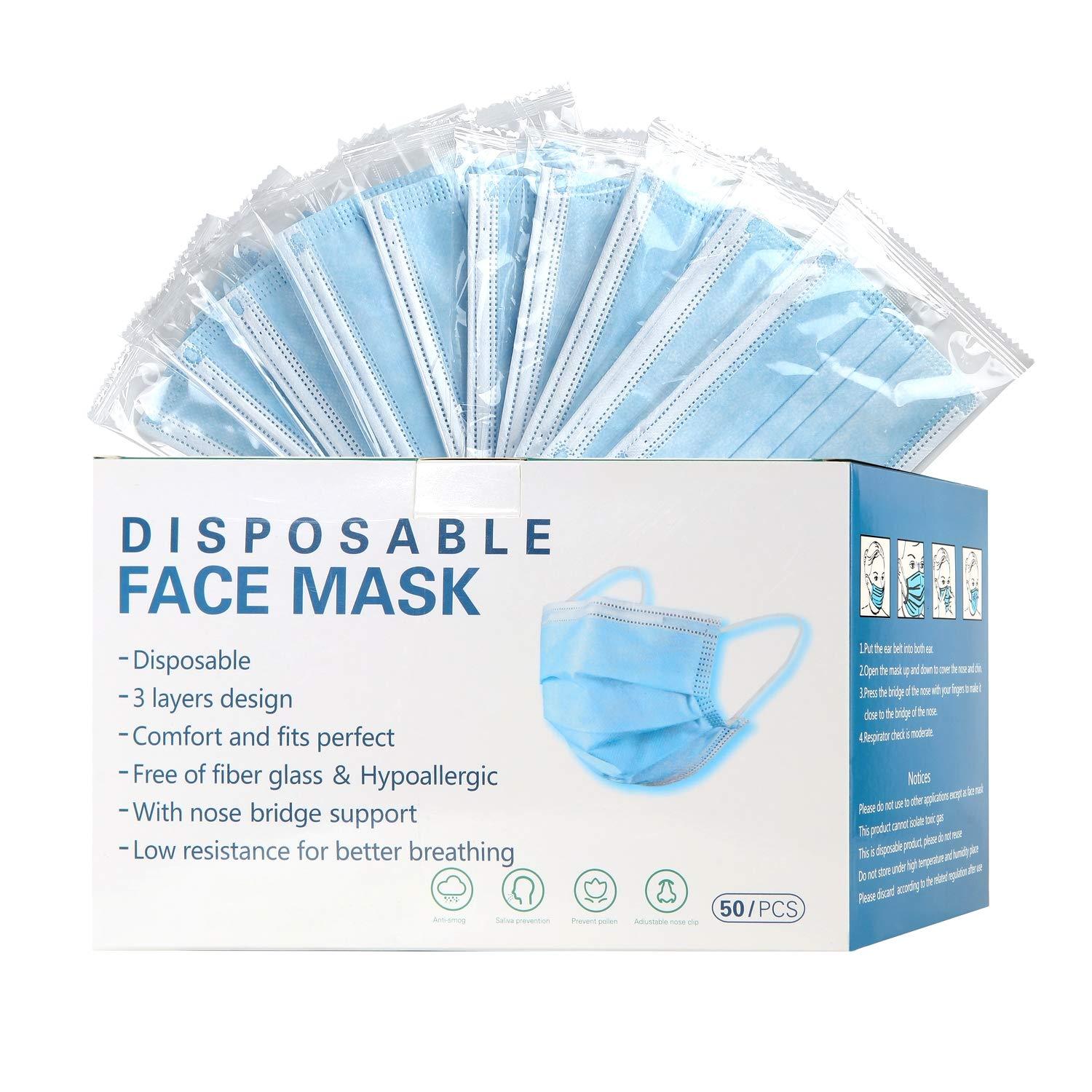 mystcare Disposable Face Mask 50 Pack Individually Packaged Wrapped ...