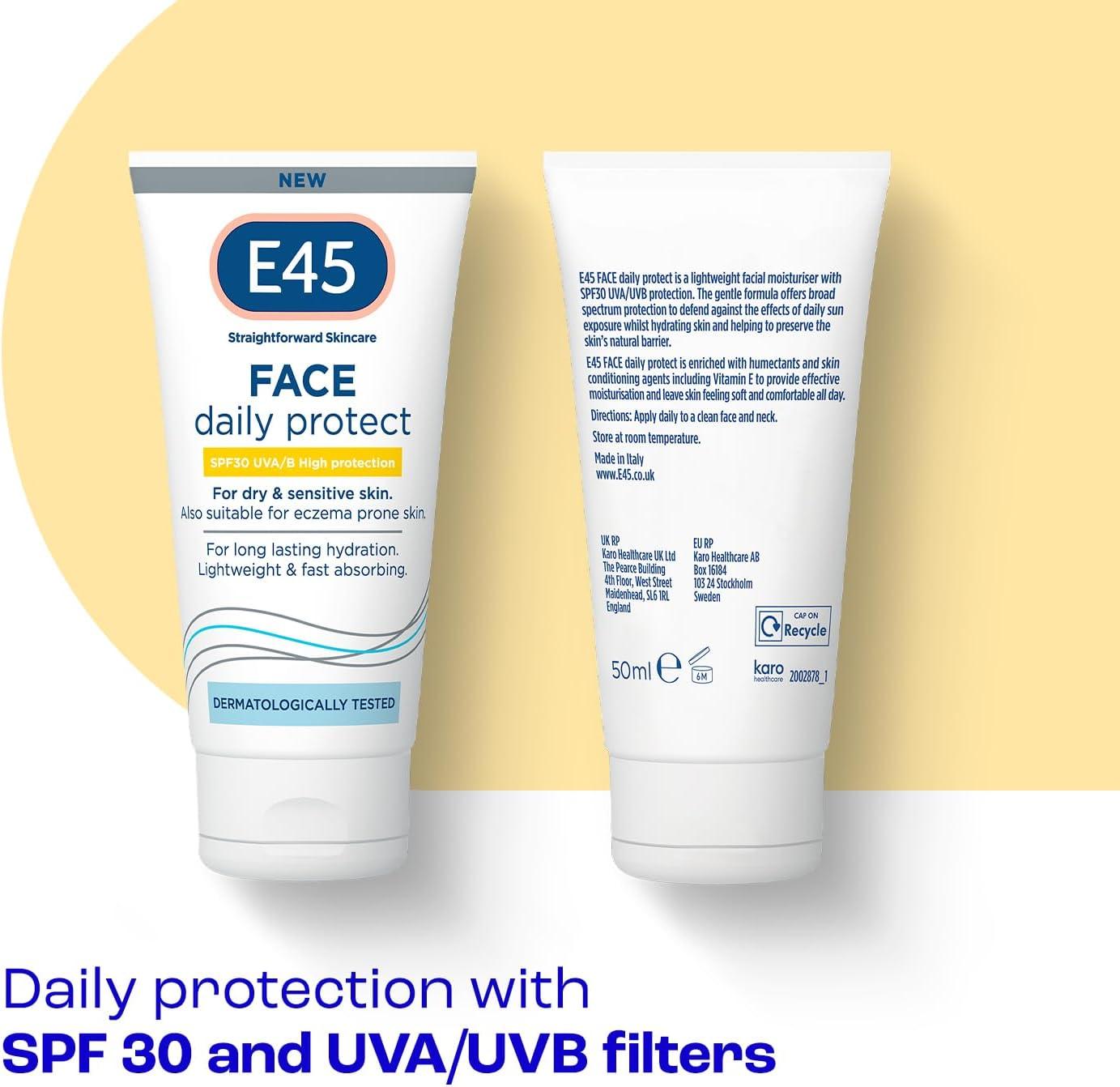 E45 SPF 30 Face Moisturiser for Dry, Sensitive, and Eczema Prone Skin - Hydrating SPF Day Cream ...