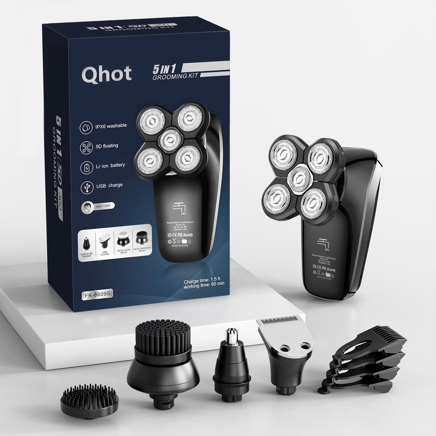 Qhot S5 Upgraded 6-in-1 Cordless Waterproof Head Shaver for Men - Best ...