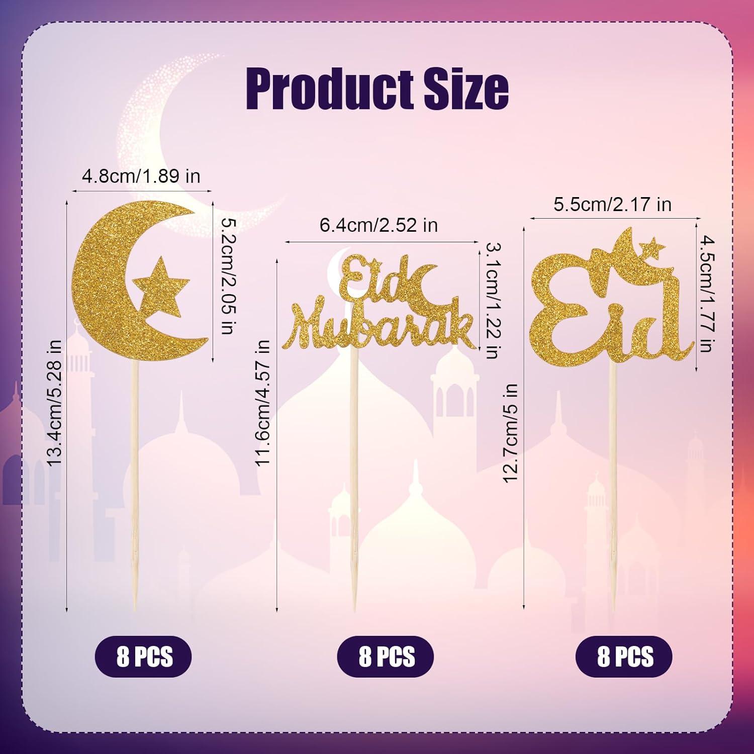24pcs Eid Mubarak Cupcake Toppers Glitter Gold Moon Star Cake Topper ...