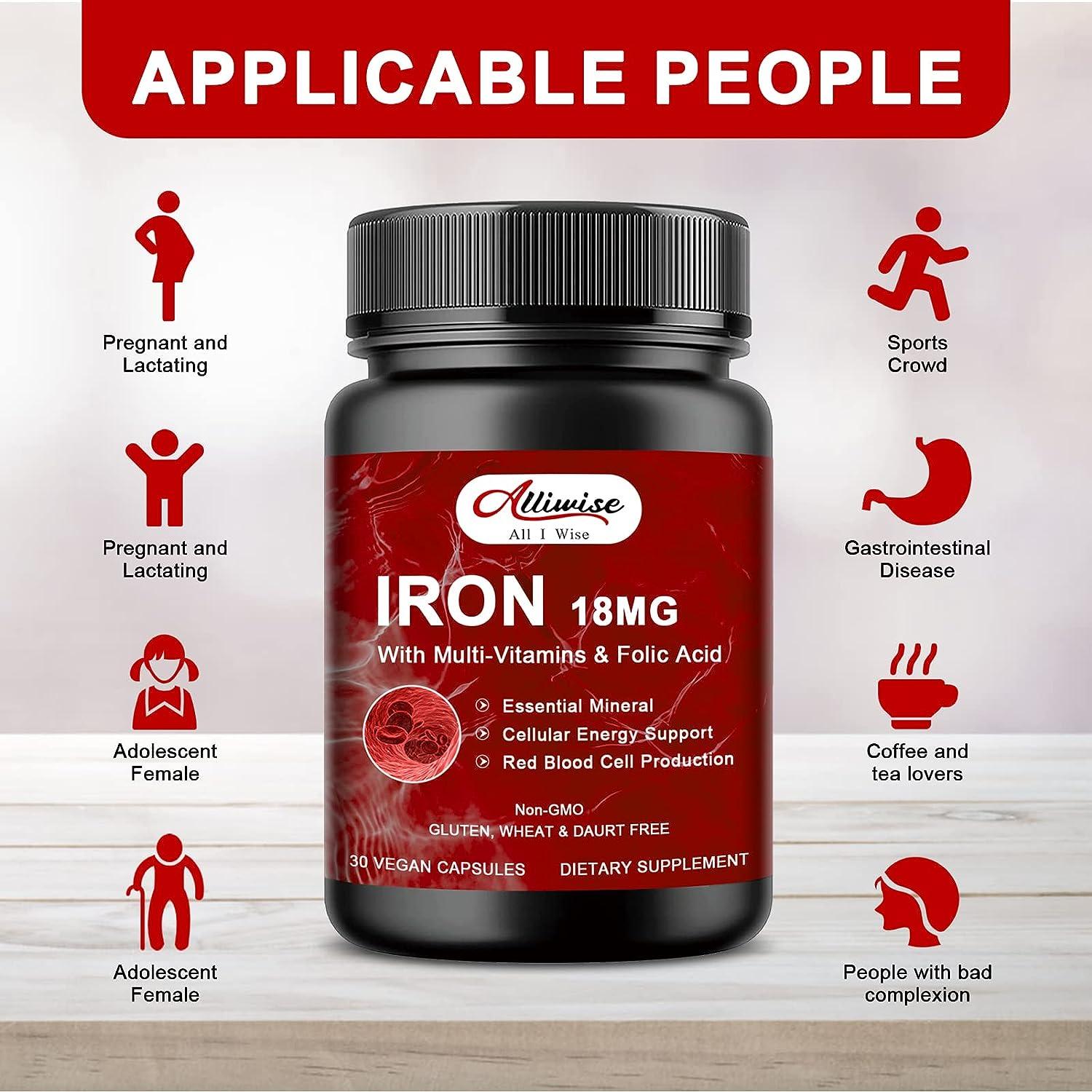 Iron 18mg Supplement with Vitamin C, B Complex & Folic Acid for Optimal ...
