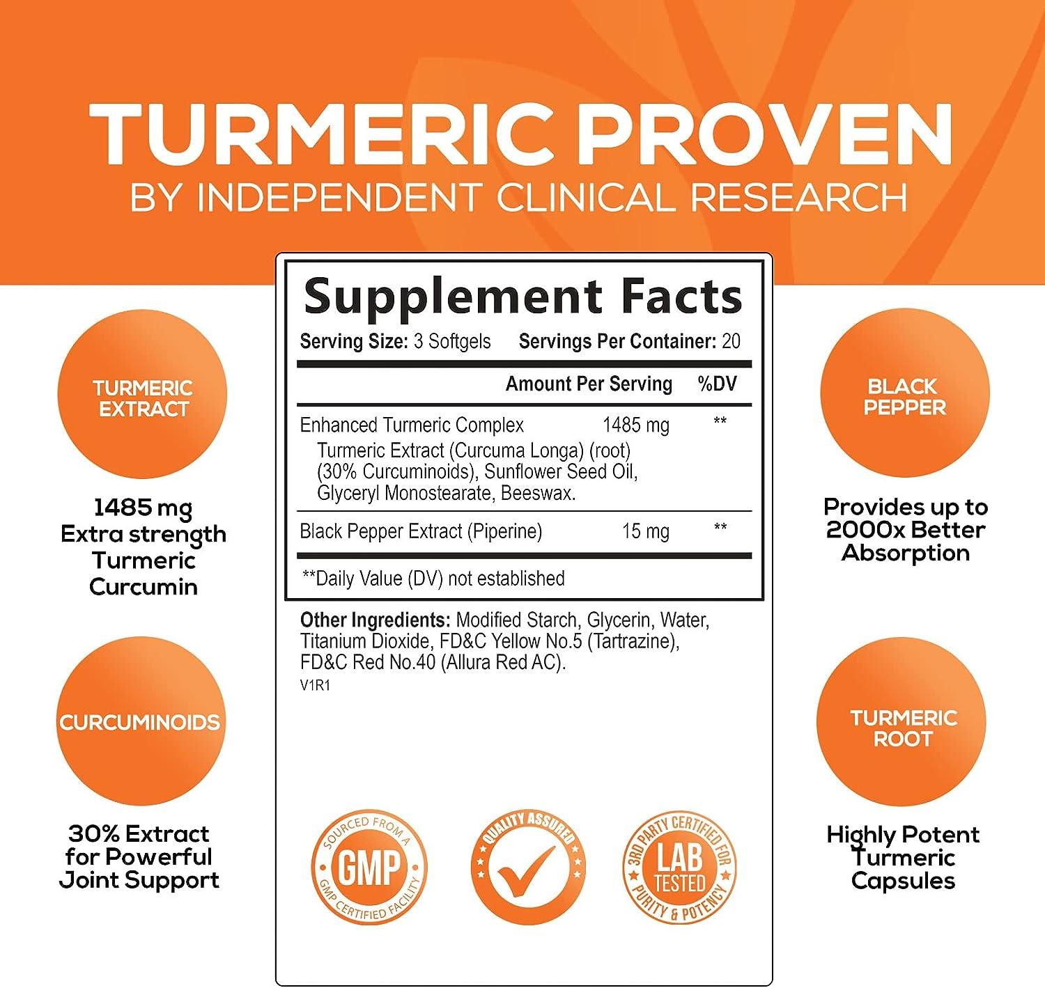 Turmeric Curcumin Liquid Softgels 1500mg with Black Pepper - Joint ...
