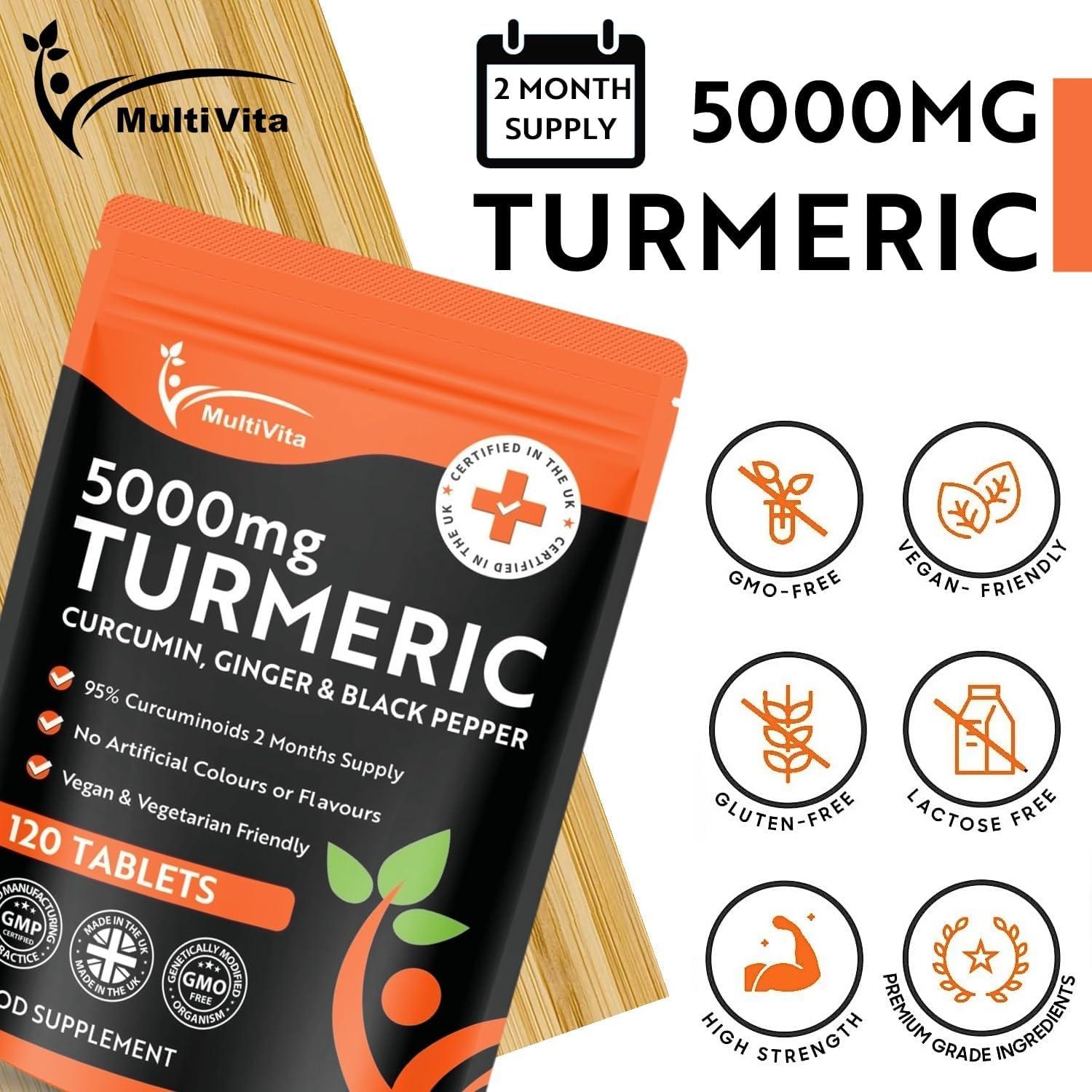 Turmeric Tablets 5000mg with Black Pepper & Ginger - 120 High Strength ...
