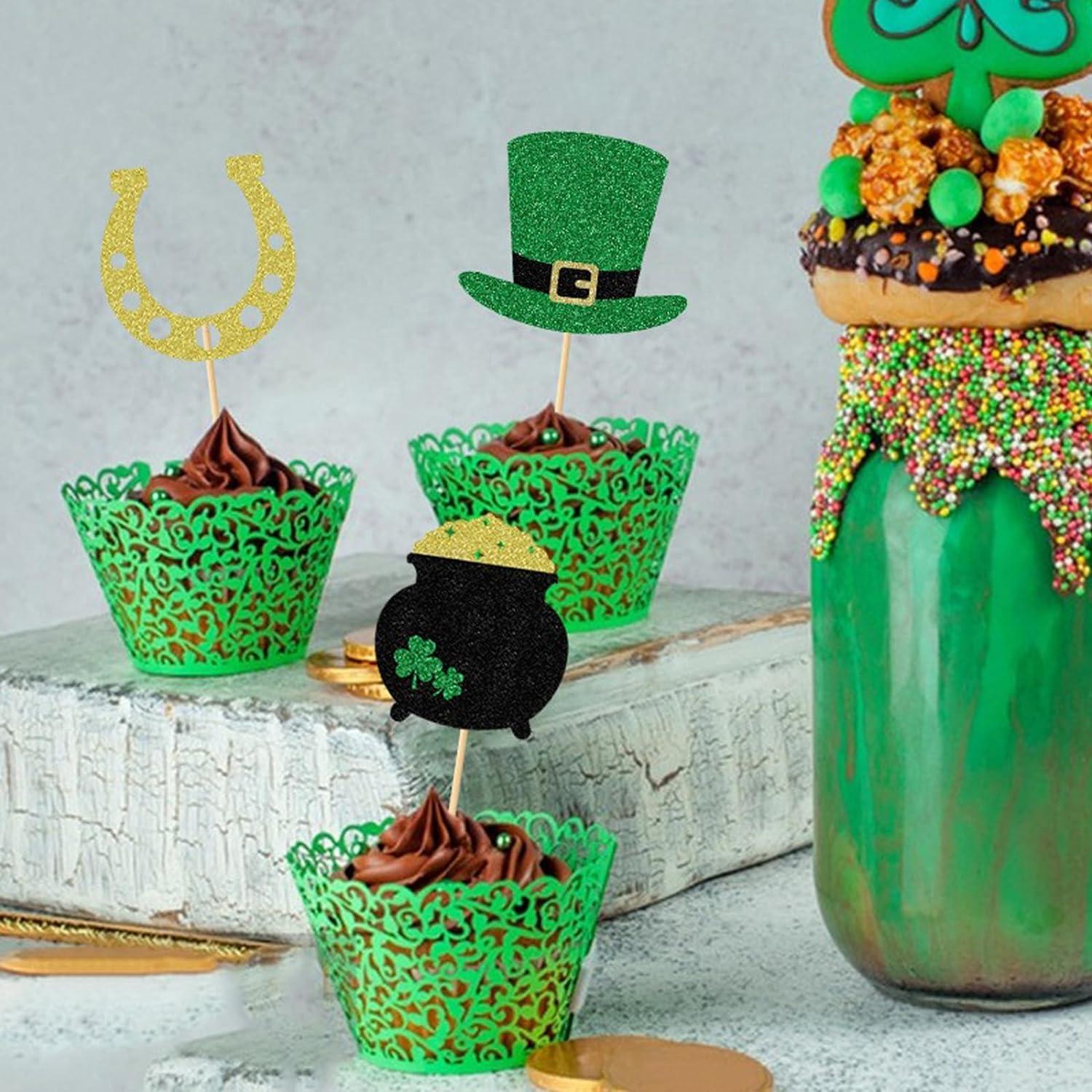 UXYOKM 24Pcs St Patricks Day Cupcake Toppers Glitter Clover Horseshoe ...