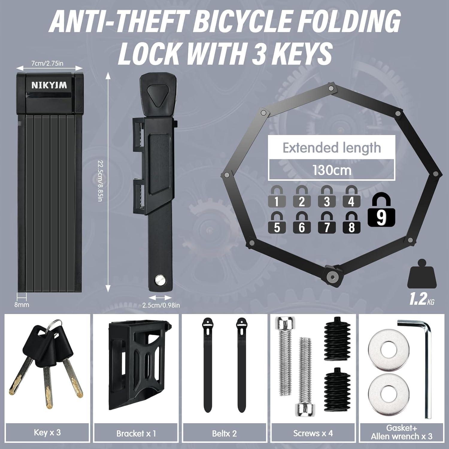 High-Security Folding Bicycle Lock 130cm - Hardened Steel with Bracket ...