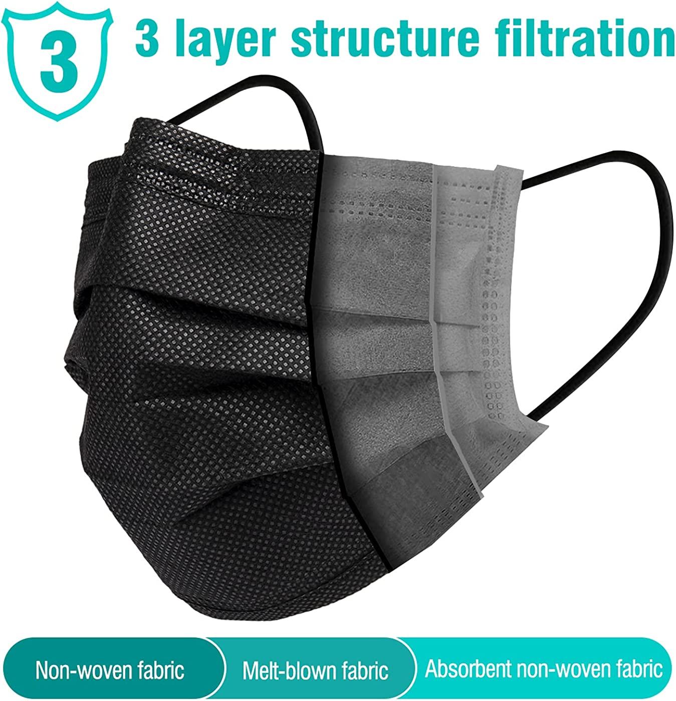100 Pack Black Disposable Face Masks - 3 Ply Filter Protection ...