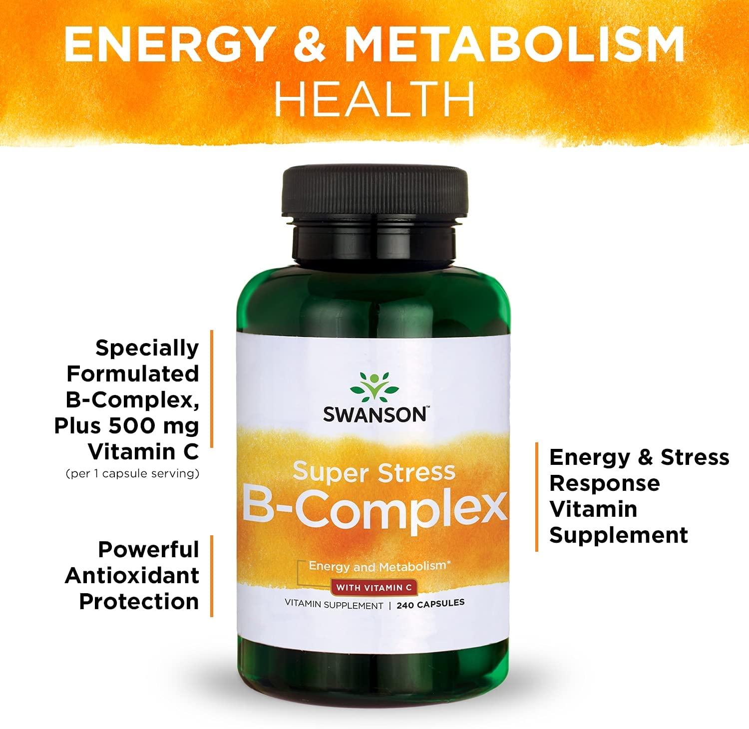 Swanson Super Stress B-Complex with Vitamin C - 240 Capsules for Energy ...