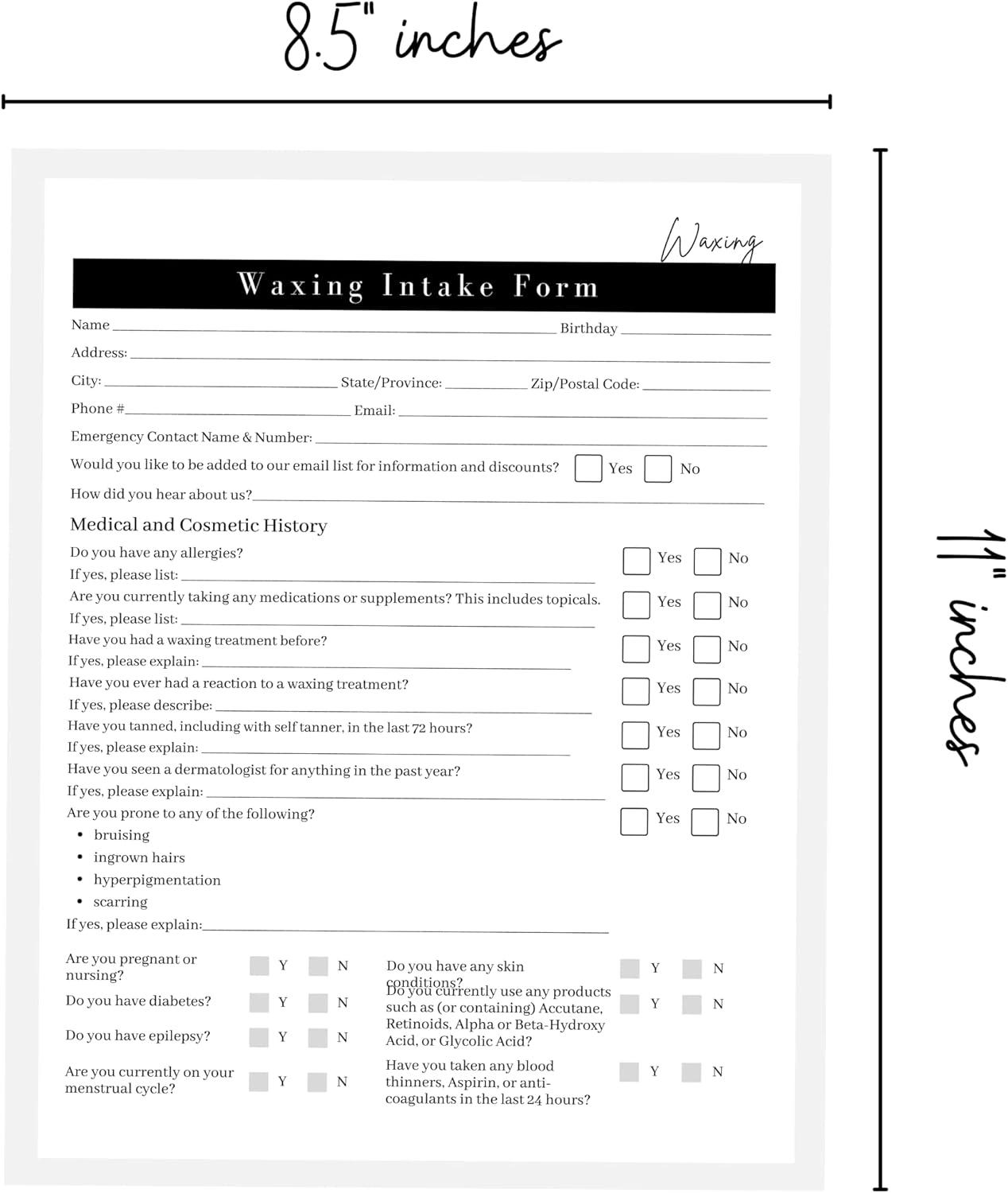 75 Wax Consumption & Post-Treatment Forms | A1 Size | Client Signature ...