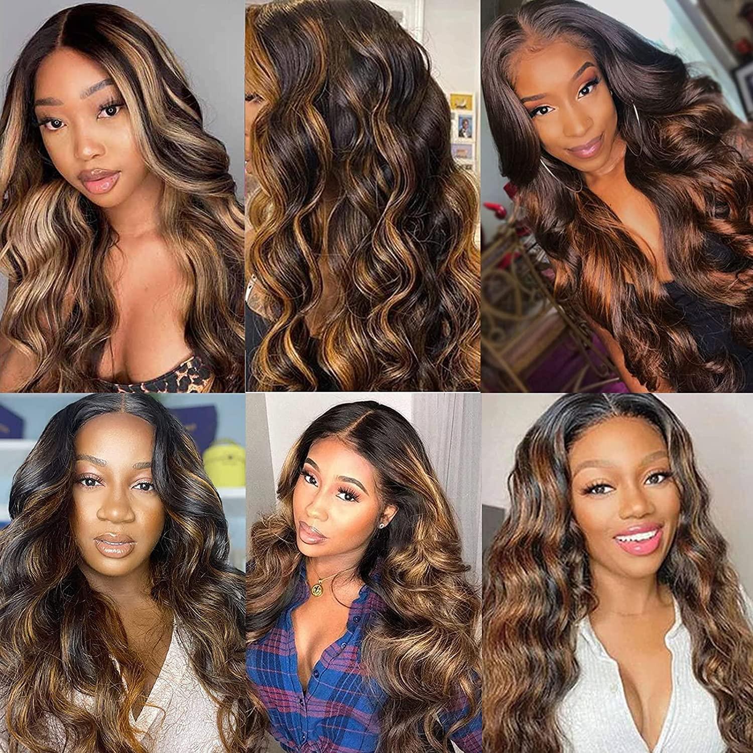 Haha Brown Highlight Lace Front Wig 4x4 Human Hair Body Wave Ombre ...