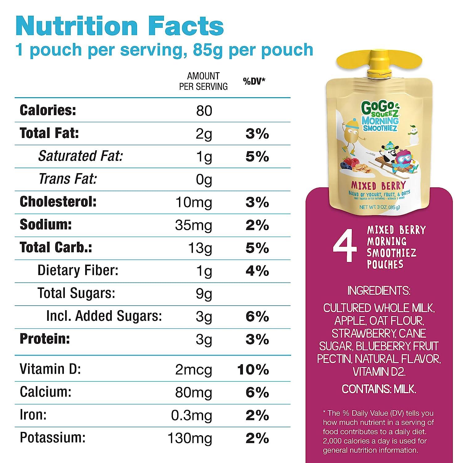 GoGo squeeZ Morning SmoothieZ Mixed Berry 3 oz. (4 Pouches) - Gluten Free Yogurt Fruit & Oat ...