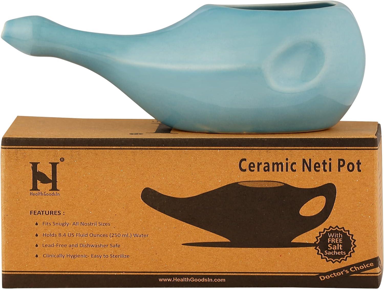 Ceramic Neti Pot Set - Sky Blue Color | Dishwasher Safe + 5 Sachet Neti ...