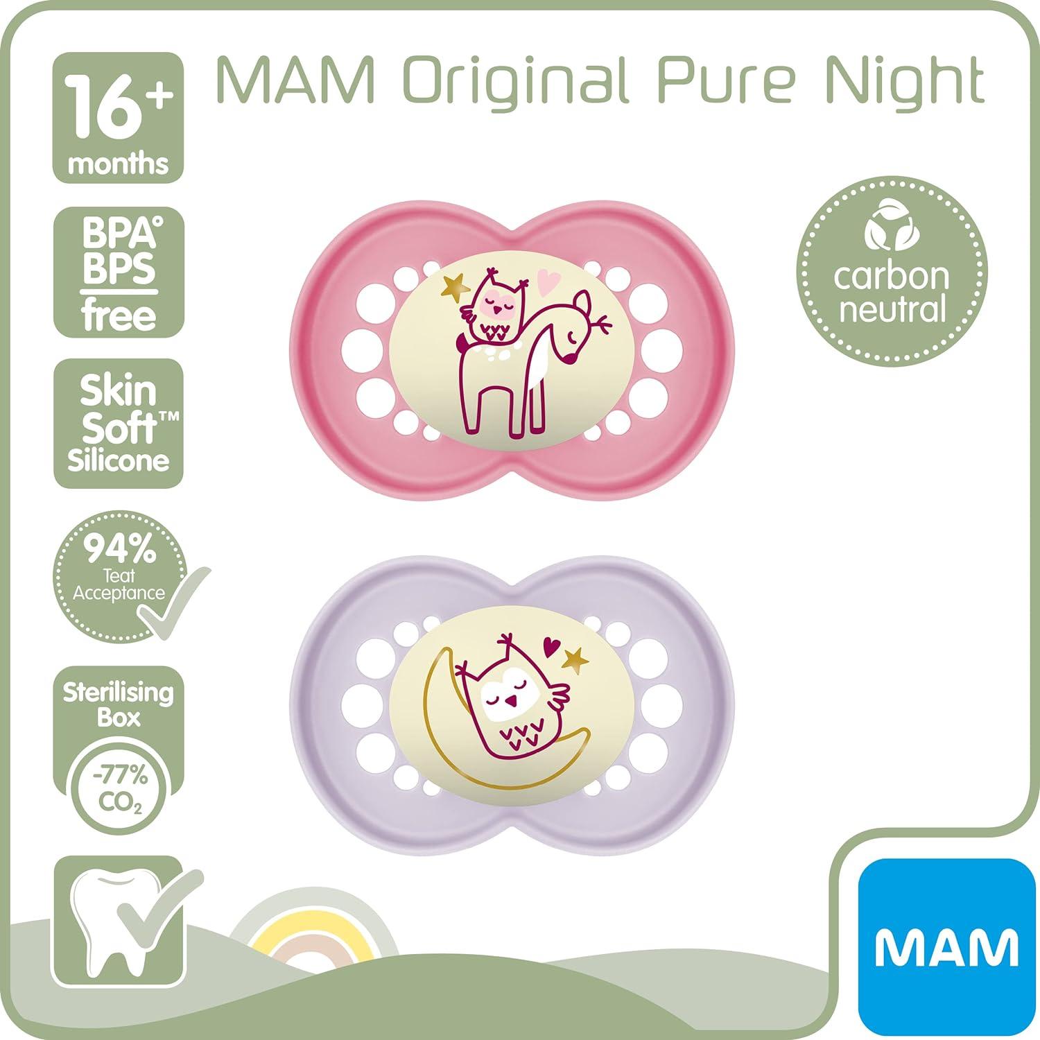 MAM Original Pure Night Soother 16+ Months (Set of 2) SkinSoft Silicone Teat, Glow in the Dark ...