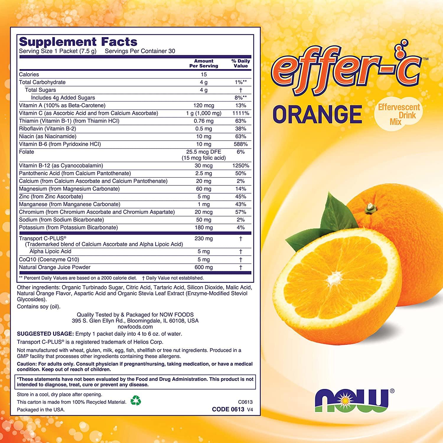 Now Foods Effer-C Orange Effervescent Drink Mix - 30 Packets (7.5g Each ...