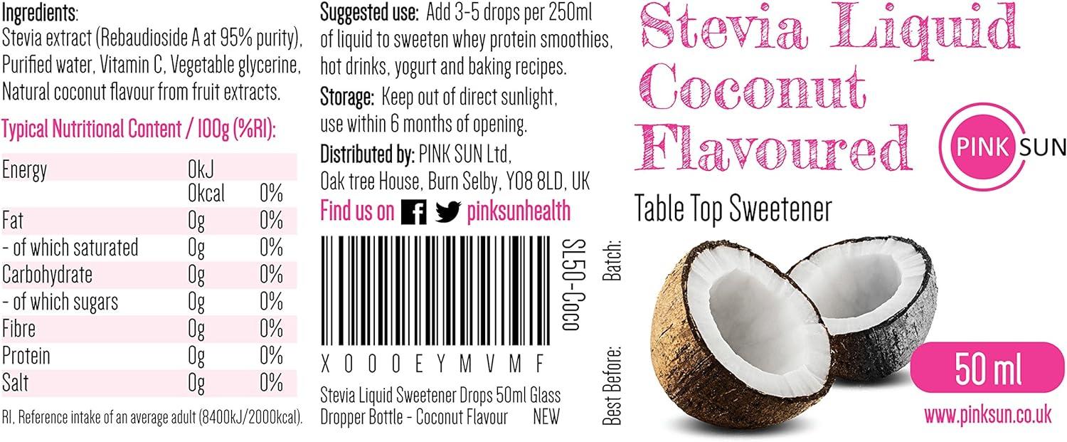 PINK SUN Stevia Coconut Flavoured Liquid Sweetener Drops 50ml x 3 ...