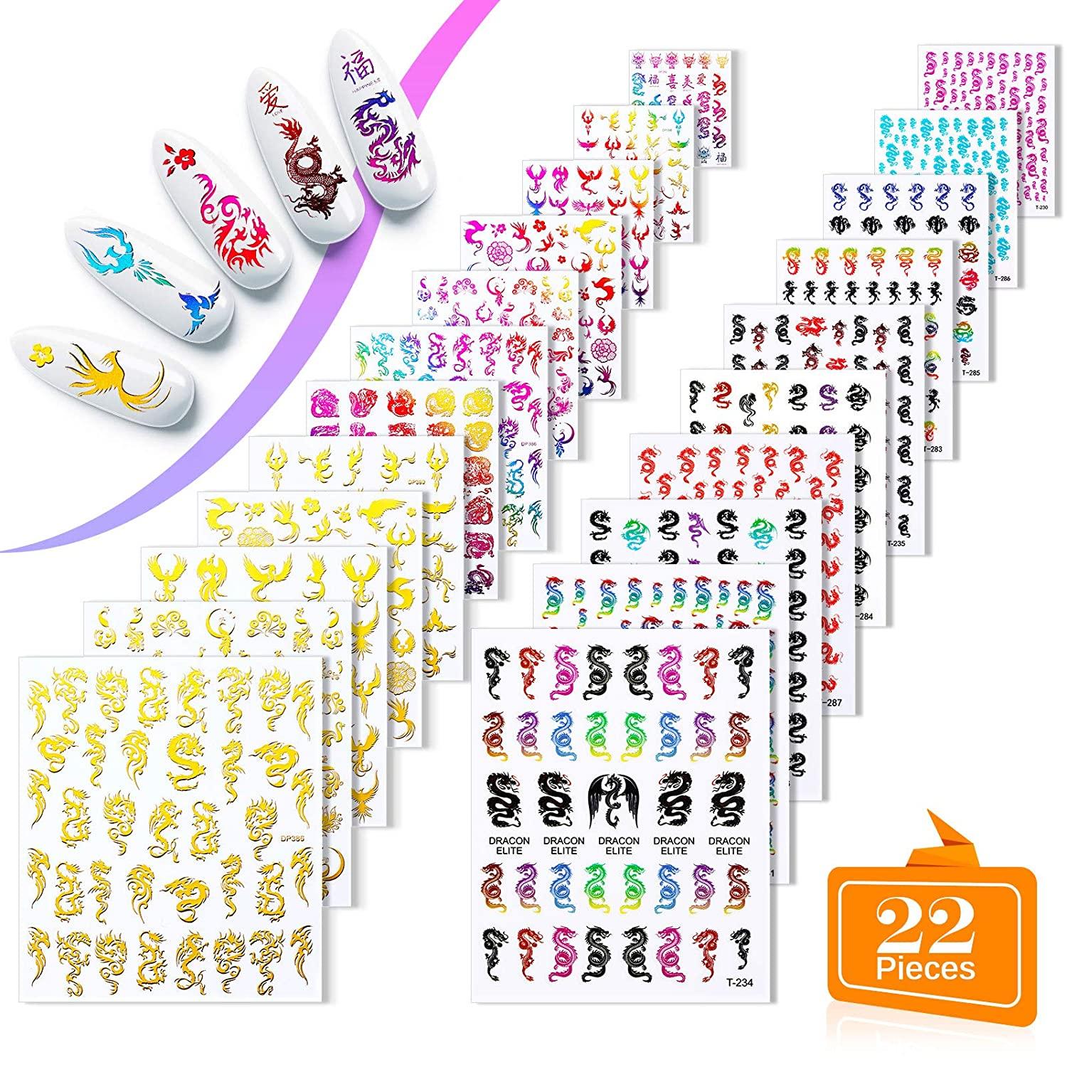 Dragon Phoenix Nail Art Stickers - 22 Self-Adhesive 3D Decals for DIY ...
