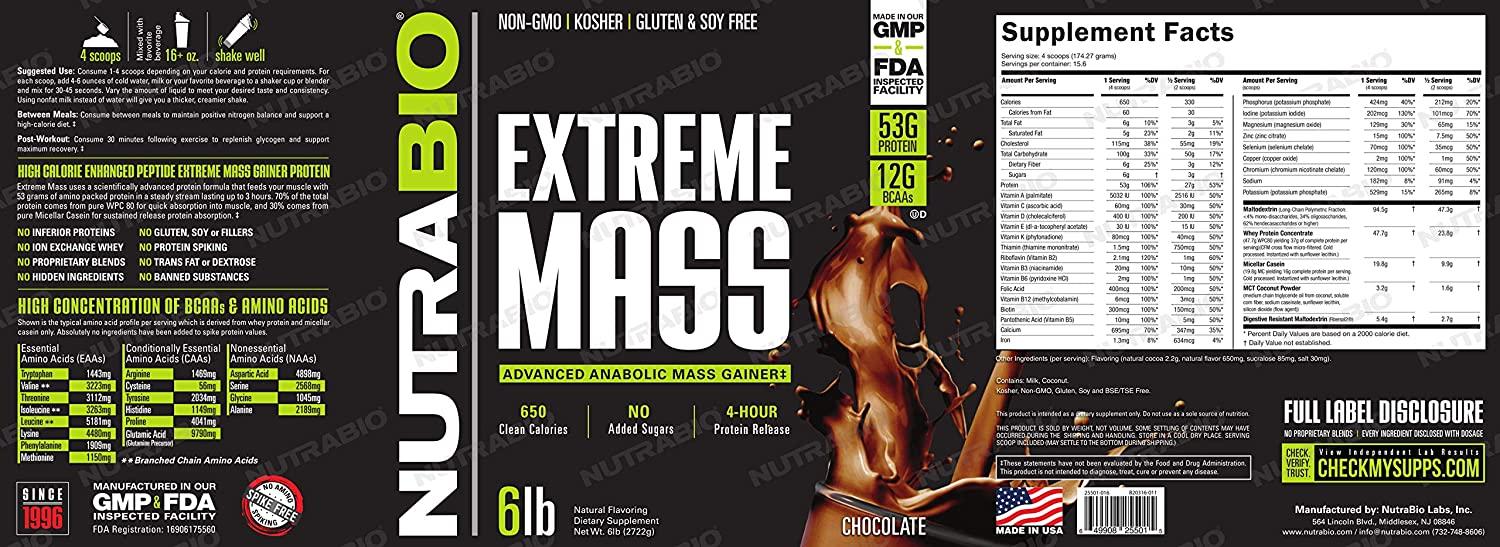 NutraBio Extreme Mass - High Calorie Chocolate Muscle Mass Gainer Protein | 53G Protein | Full ...