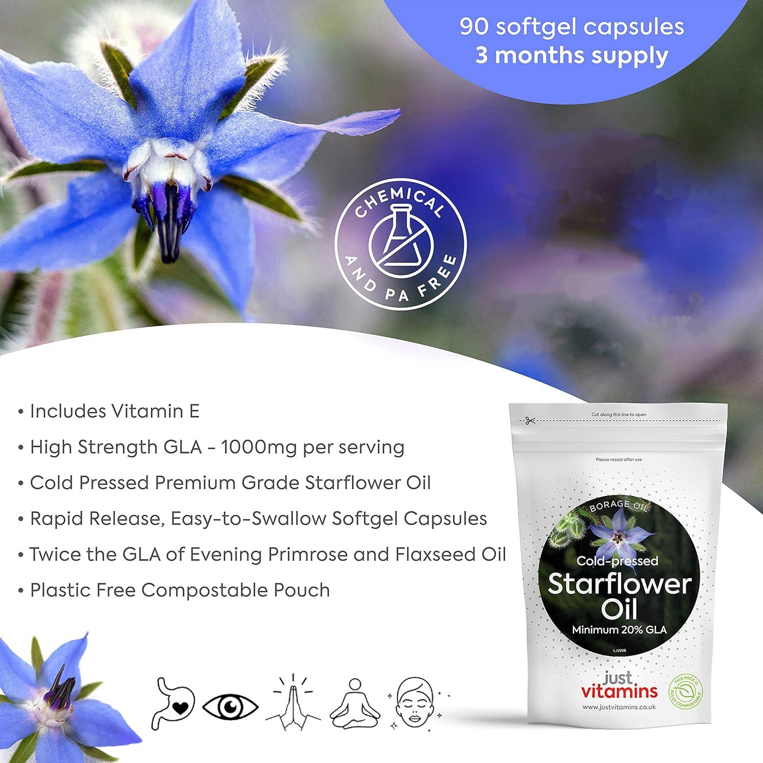 Starflower Oil Capsules 1000mg x90 Soft Gels with Vitamin E - High ...