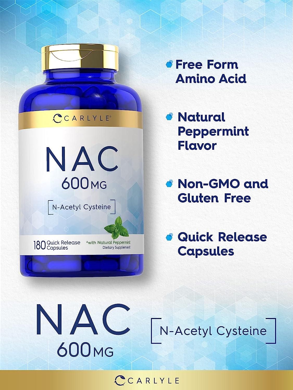 Carlyle NAC N-Acetyl Cysteine 600mg | 180 Capsules with Peppermint ...