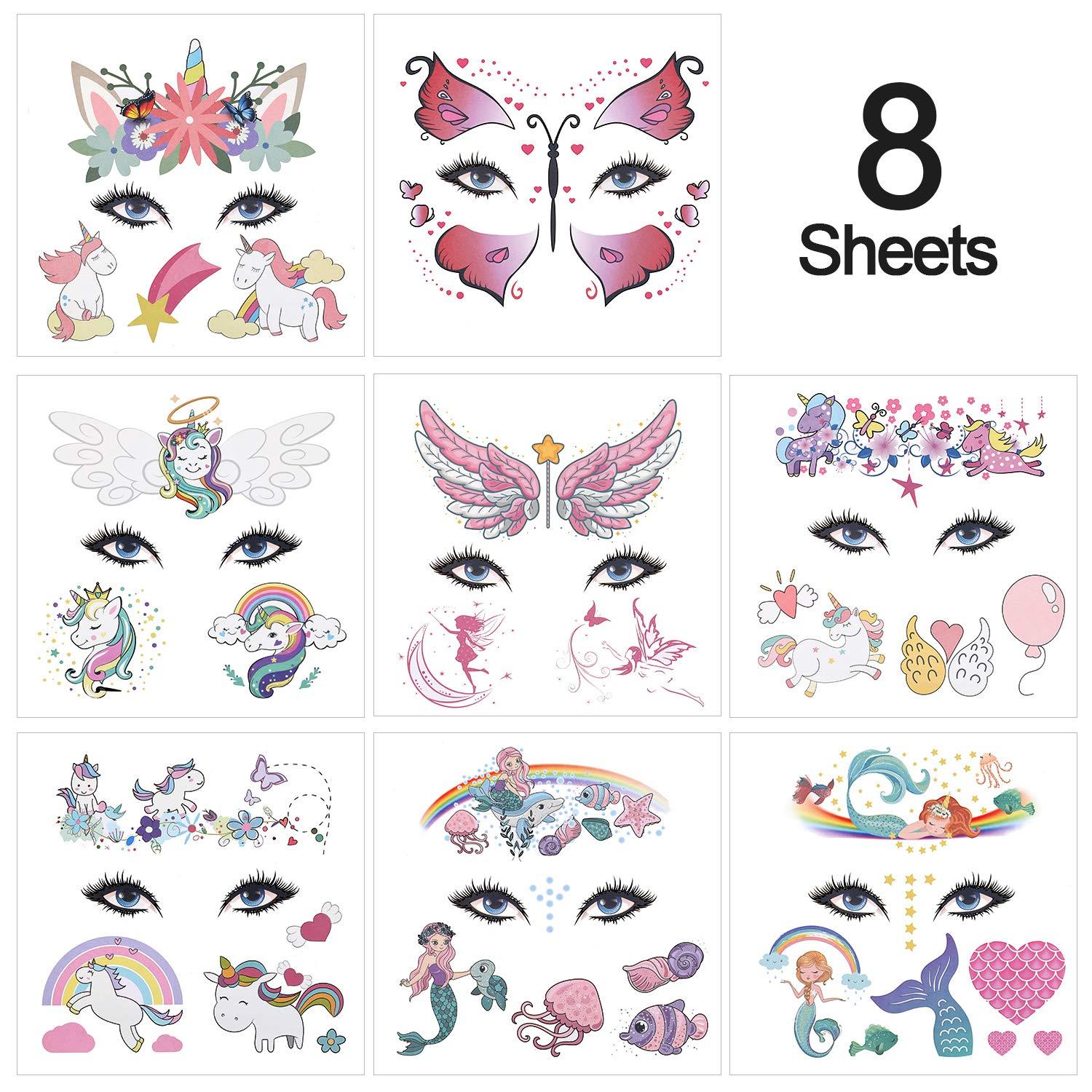 HOWAF Unicorn Mermaid Butterfly Face Tattoos Kit - 8 Sheets, Kids ...