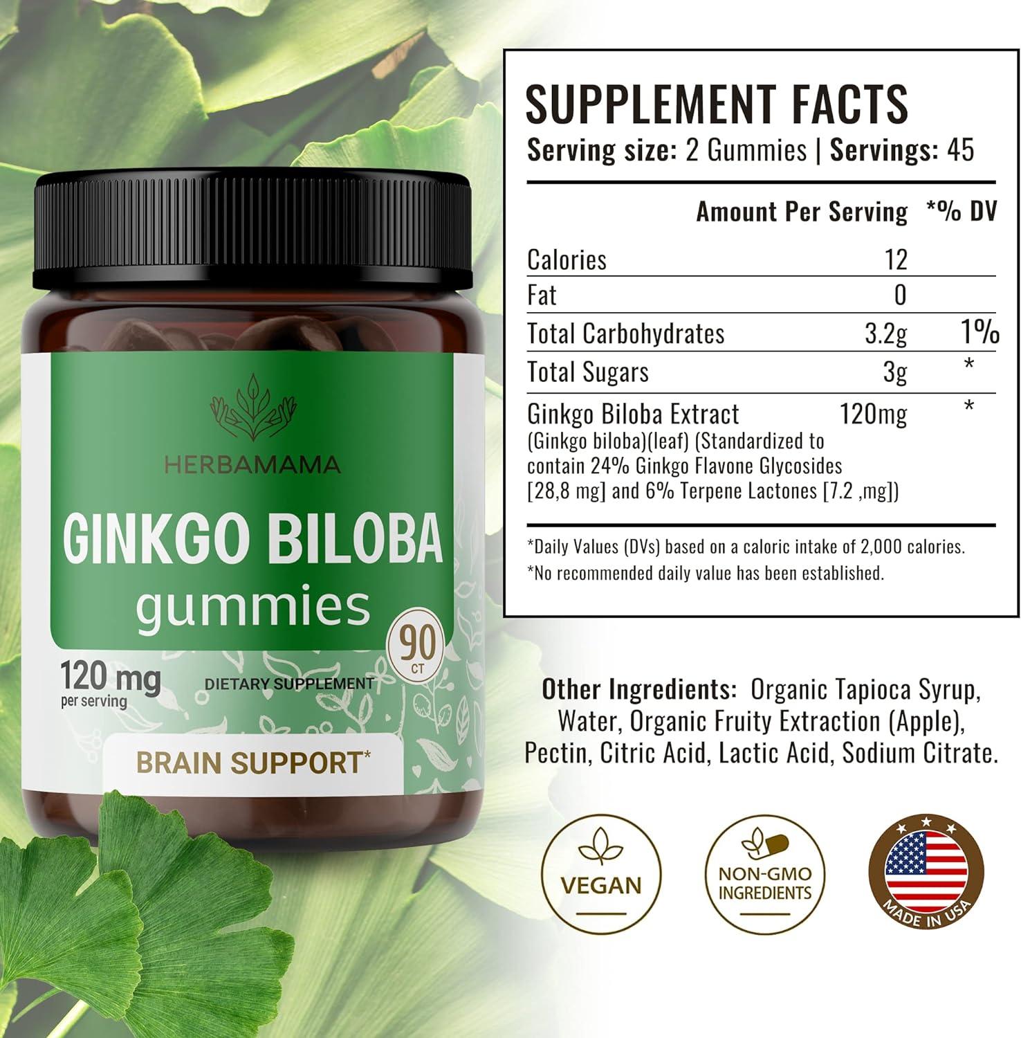 HERBAMAMA Ginkgo Biloba Organic Gummies - Brain Booster for Energy ...