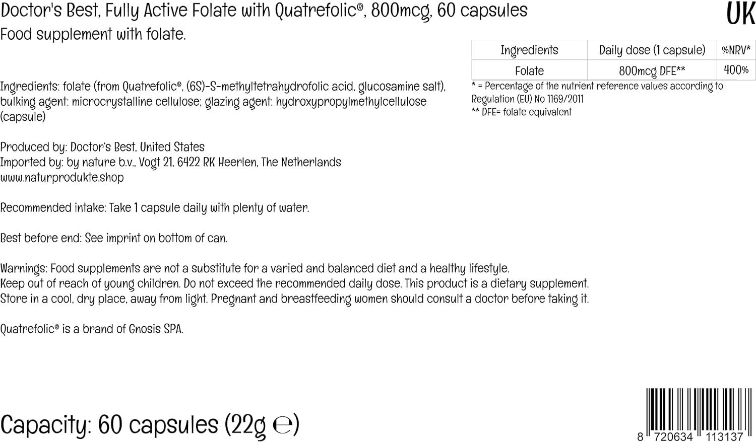 Doctor's Best Fully Active Folate with Quatrefolic 800mcg - 60 Vegan ...