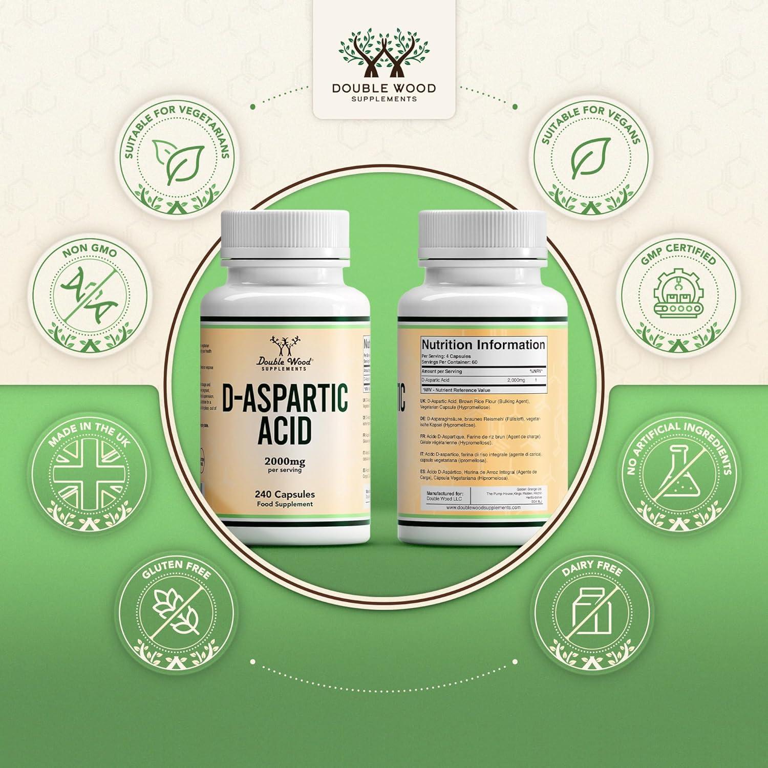 Double Wood D Aspartic Acid Supplement - 240 Capsules | 2000mg DAA per ...