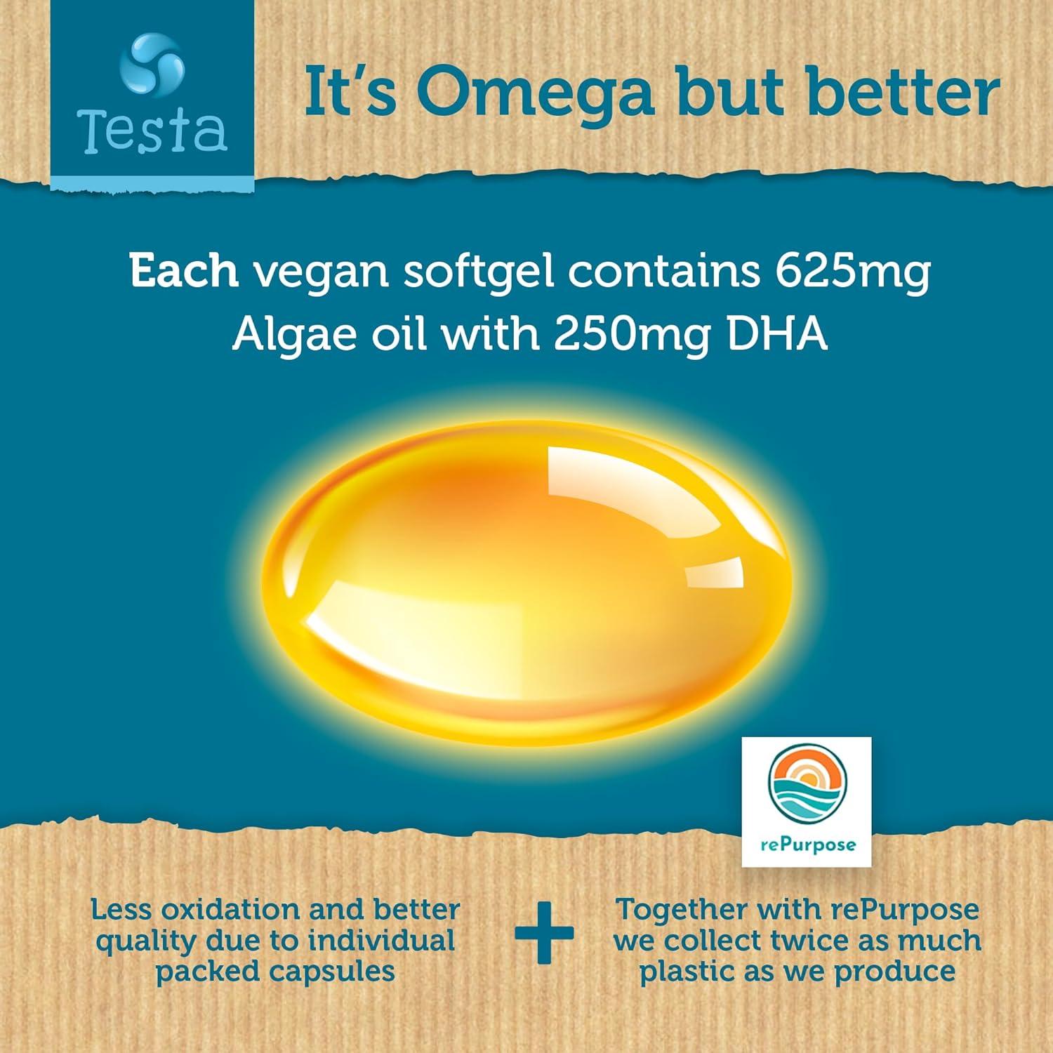 Testa Omega-3 Algae Oil Capsules - Vegan 250mg DHA Supplement - Plant ...