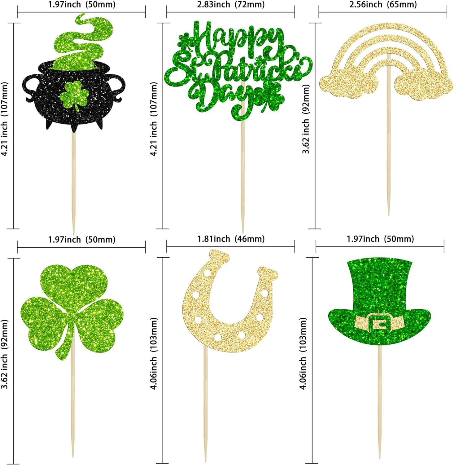 Gyufise 24Pcs Happy St Patrick's Day Cupcake Toppers Glitter Four Leaf ...