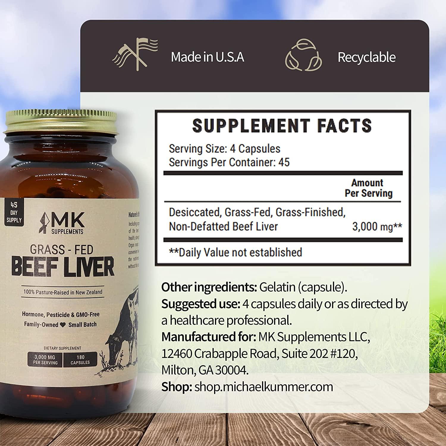 MK Supplements Grass-Fed Beef Liver 3000mg - 180 Capsules - 100% ...