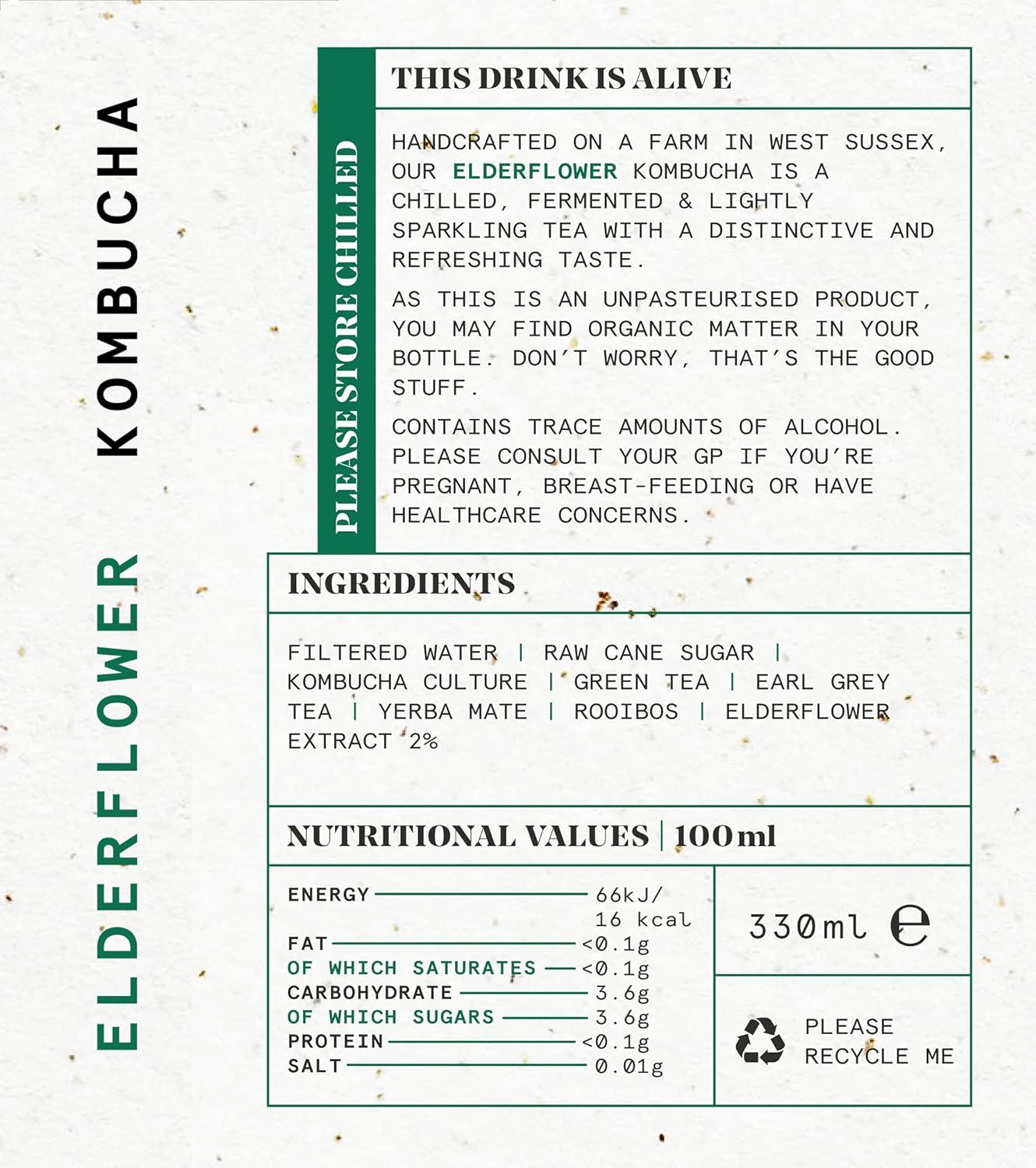 Holos Kombucha Elderflower 12 x 330ml Bottles | Small-Batch, Low-Sugar & Unpasteurized with All ...