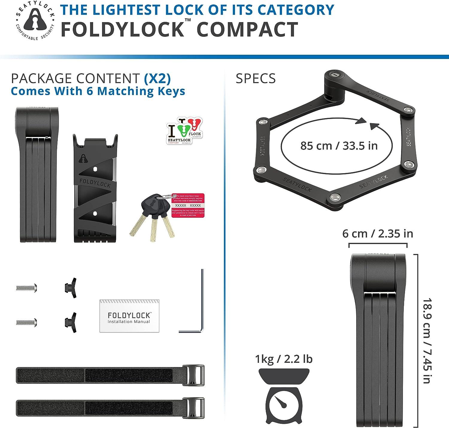 FoldyLock Compact Folding Bike Locks - Set of 2 Matching Locks with 6 ...