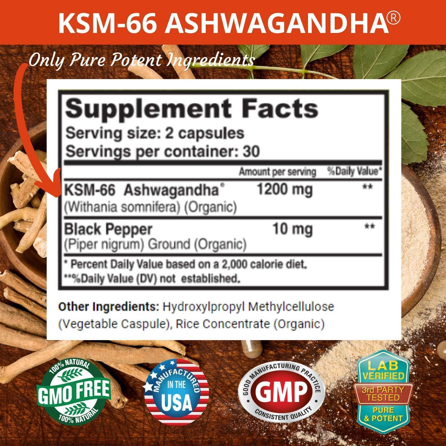 Ashwagandha KSM-66 1200mg Supplement with Black Pepper for High Absorption - Vegan - 60 Capsules ...