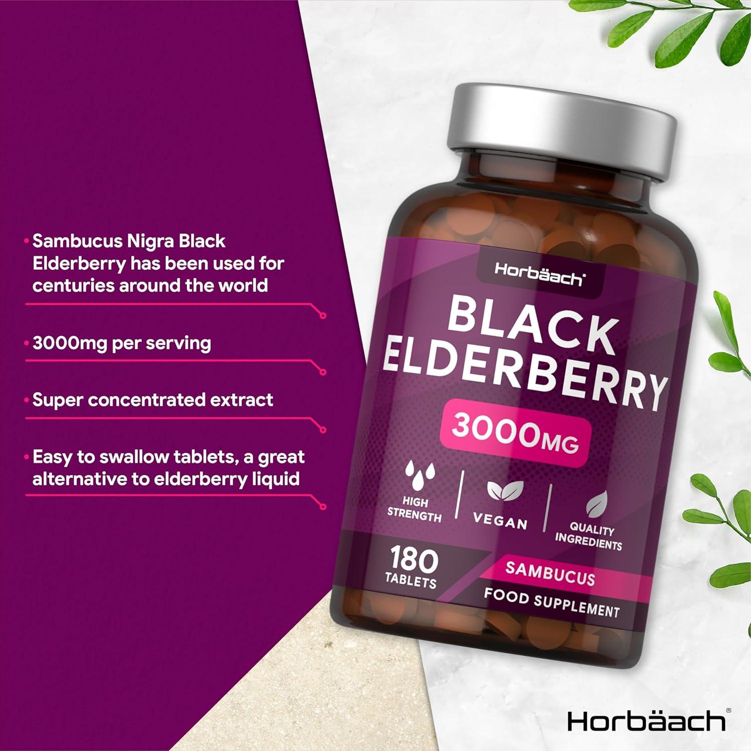 High Strength 3000mg Elderberry Supplement | 180 Vegan Tablets by ...