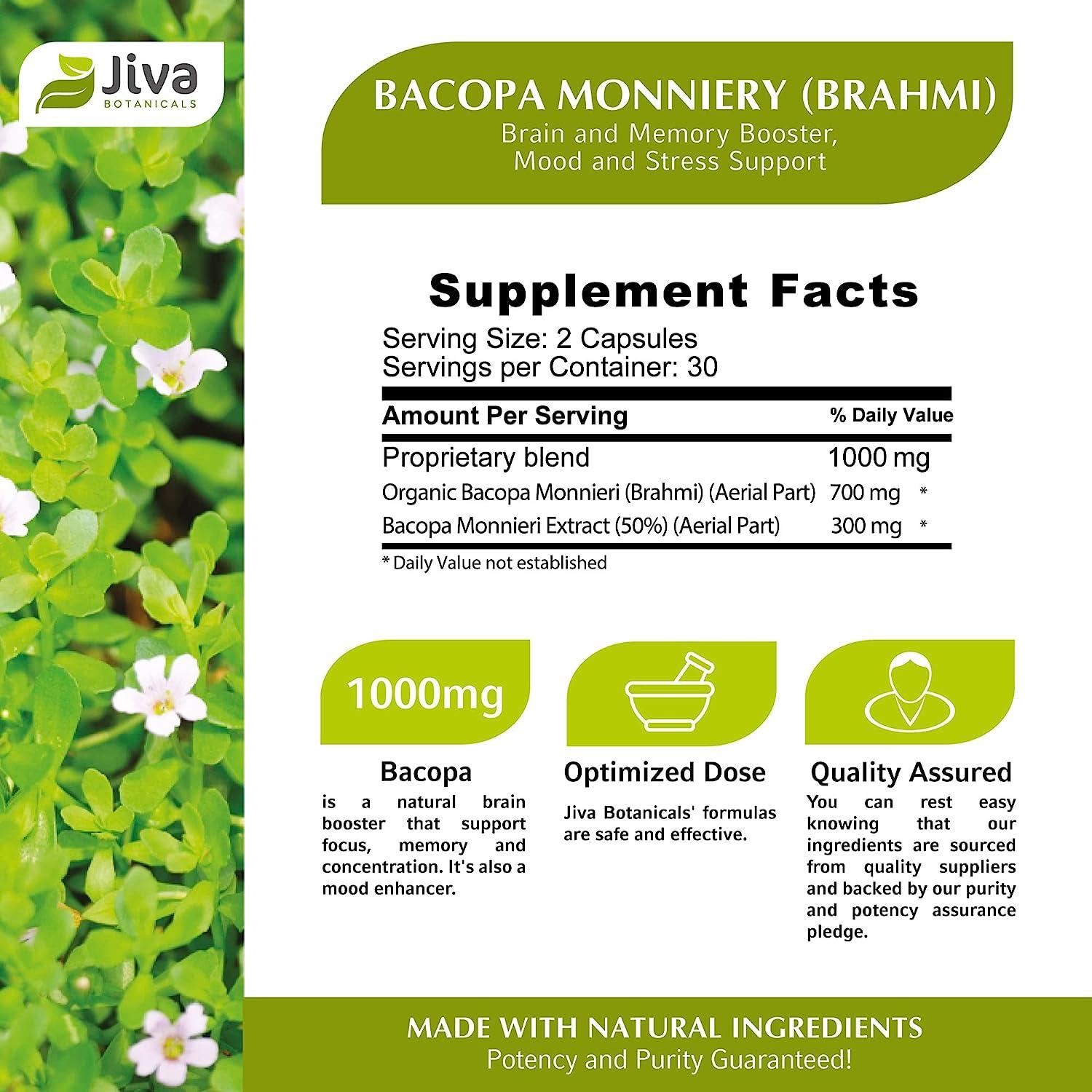 Jiva Botanicals Organic Bacopa Monnieri Capsules - 300mg Extract for ...