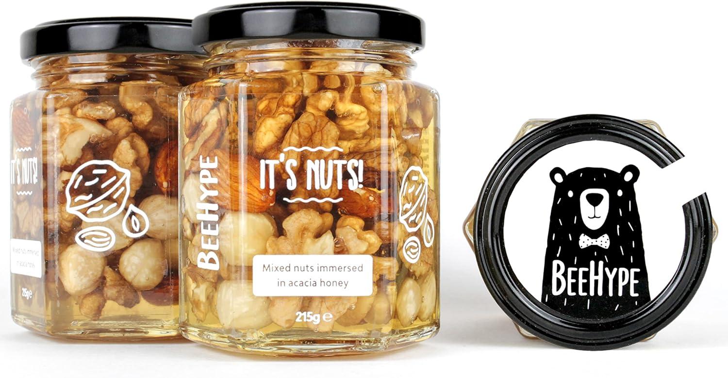BeeHype Mixed Nuts in Pure Raw Acacia Honey - 215g Jar with Natural Enzymes, Vitamins, Minerals ...