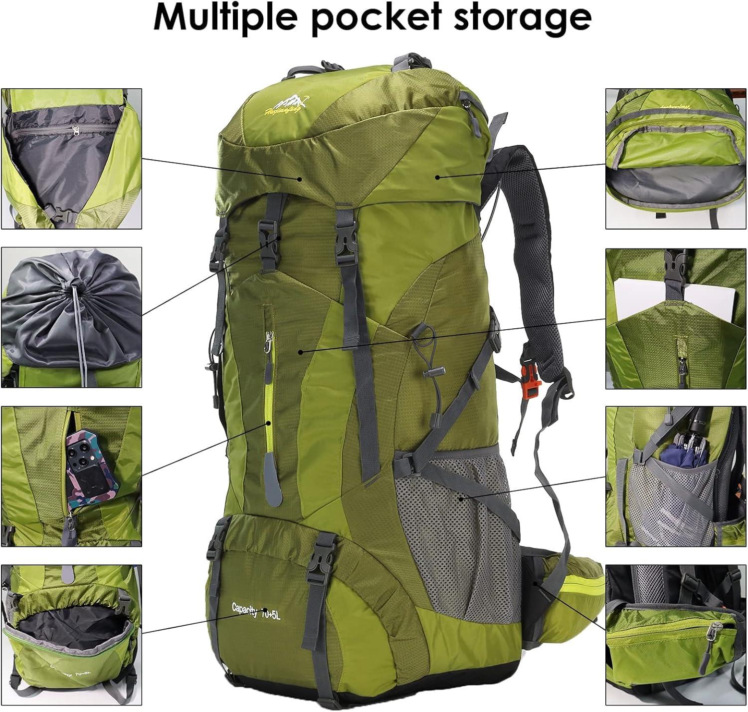 WintMing 75L Waterproof Hiking Backpack with Rain Cover - Olive Green ...
