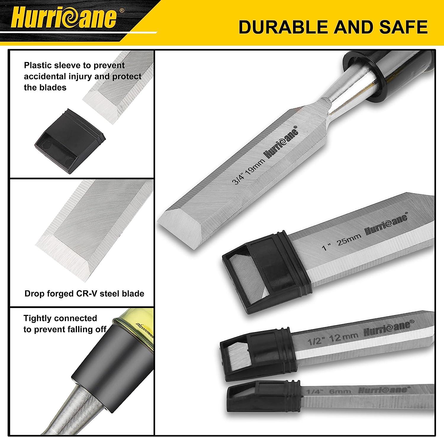 Hurricane 4 Piece Wood Chisel Set for Woodworking CR-V Steel Beveled ...