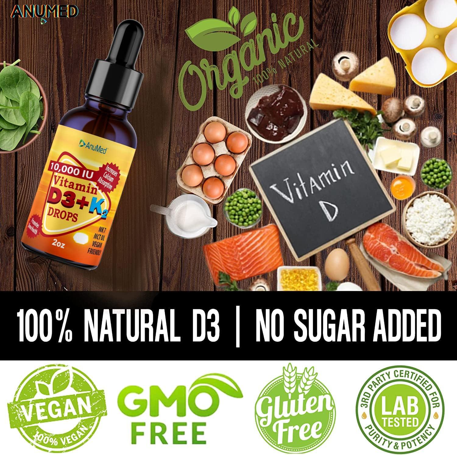 ANUMED Vitamin D3 + K2 10,000 IU Liquid Drops with Organic MCT Oil ...