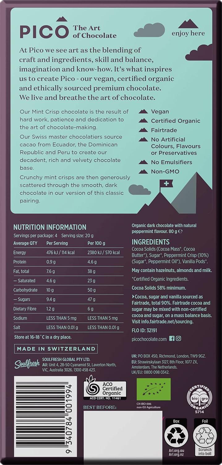 Pico Mint Crisp Dark Chocolate Vegan Bar - Handcrafted Swiss Mint ...
