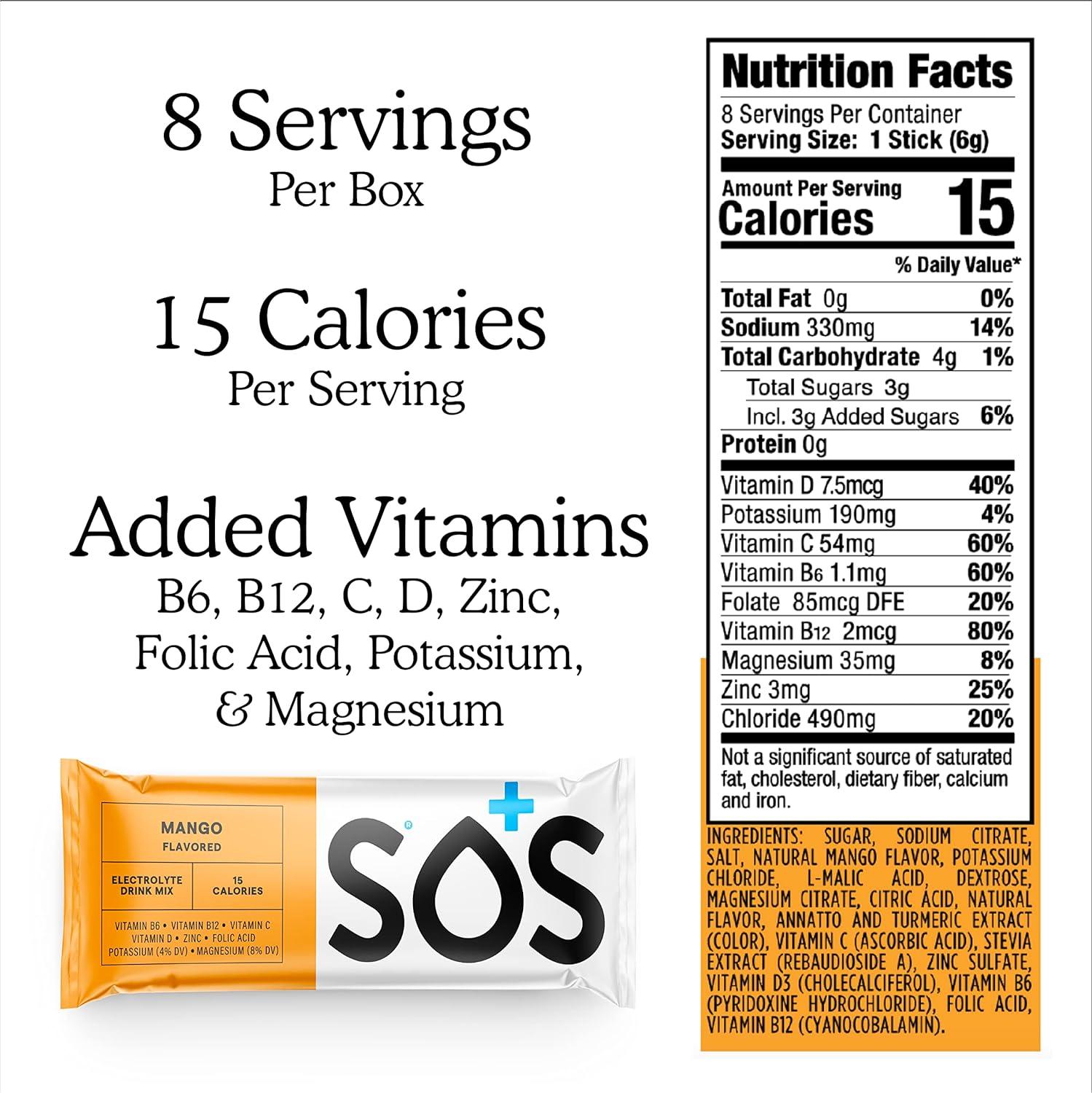 SOS Hydration Electrolyte Powder (Stick Packets (8 Servings) Mango ...