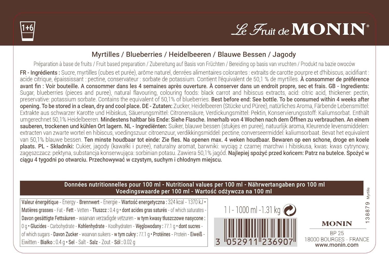 MONIN Blueberry Fruit Mix Puree 1 Litre - Ideal for Cocktails ...