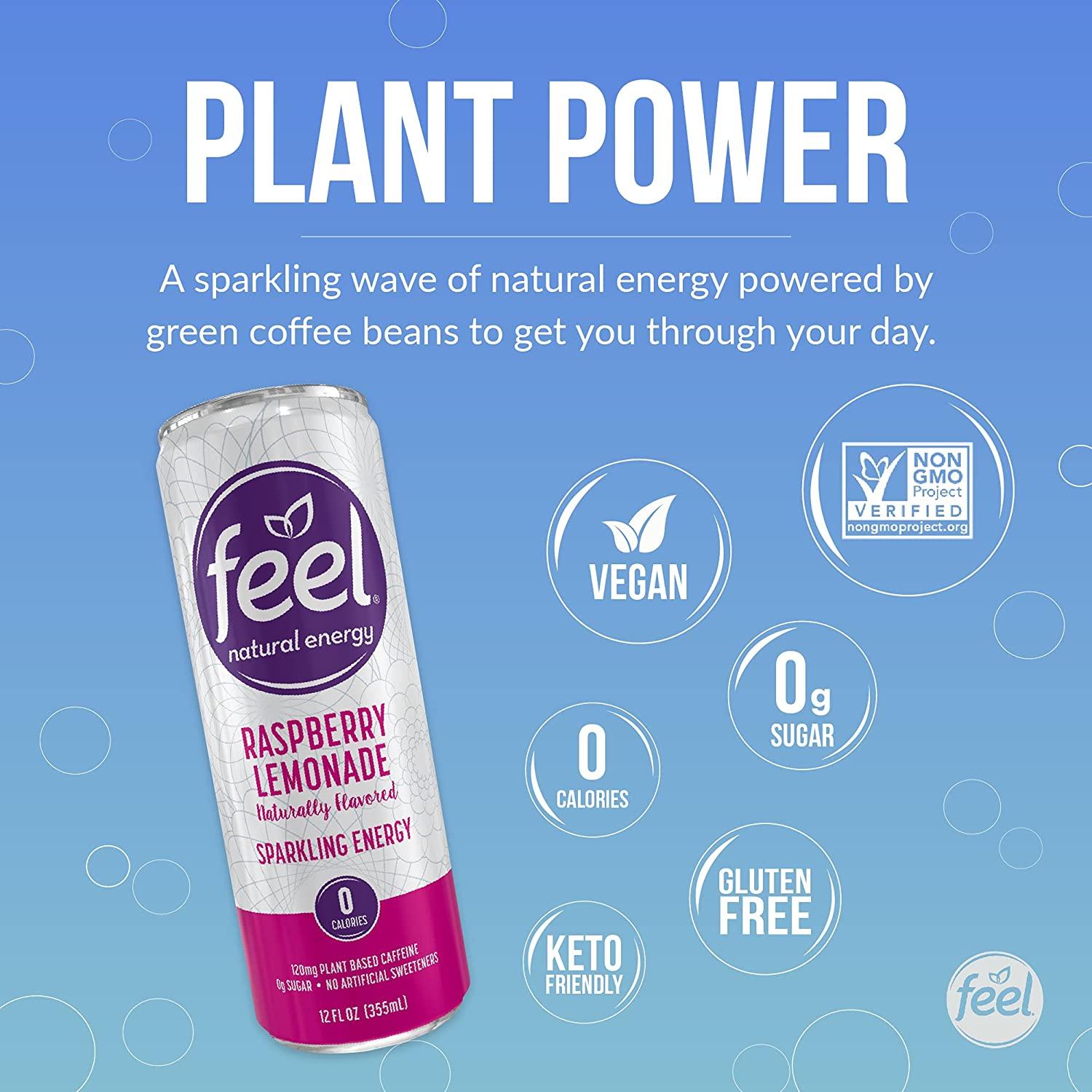 FEEL Sparkling Raspberry Lemonade Energy Drink | Zero Sugar, L-Theanine ...