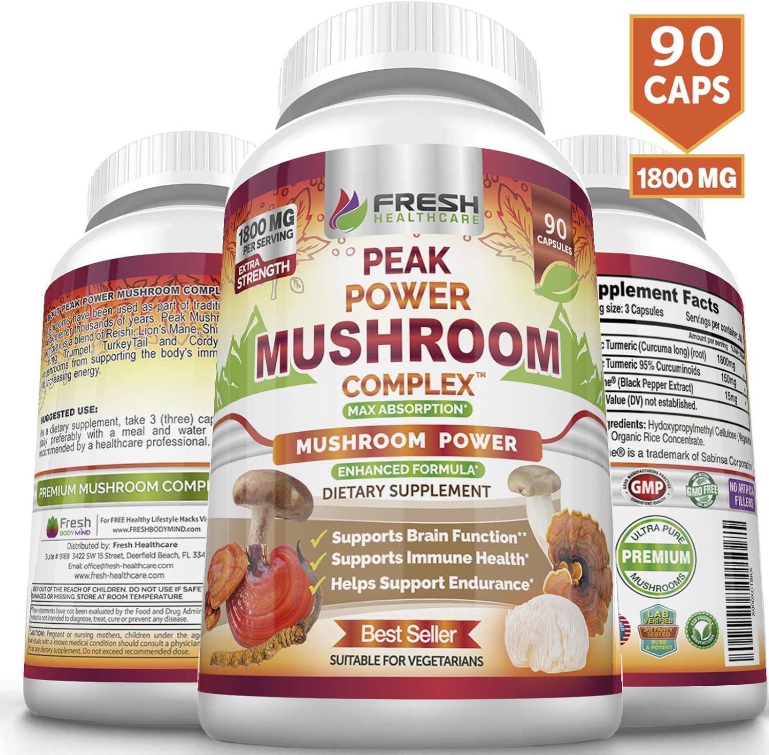 FRESH HEALTHCARE Peak Power Mushroom Supplement - 90 Vegan Capsules for ...