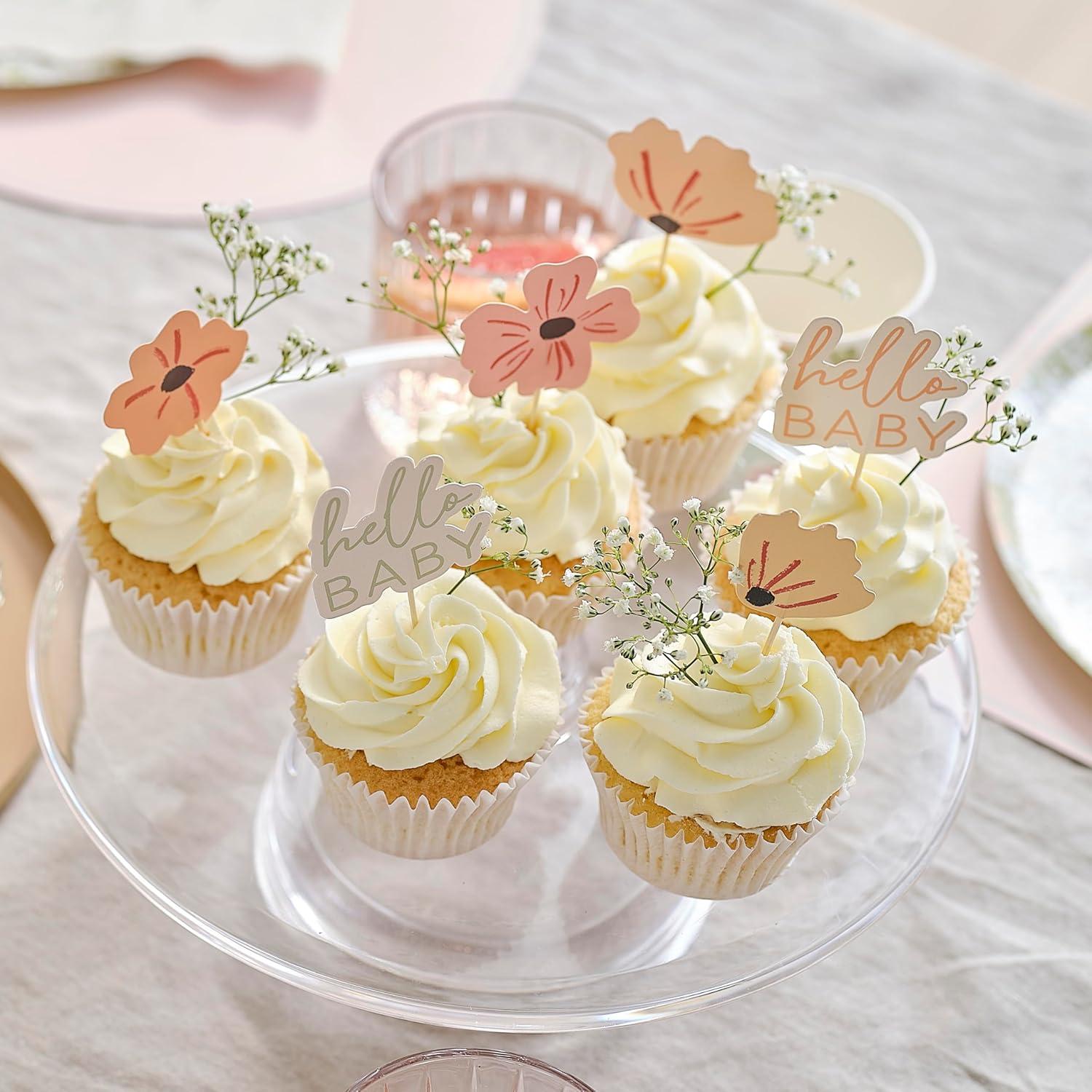 Shop Ginger Ray Floral Hello Baby Cupcake Toppers - 12 Pack with Wooden ...